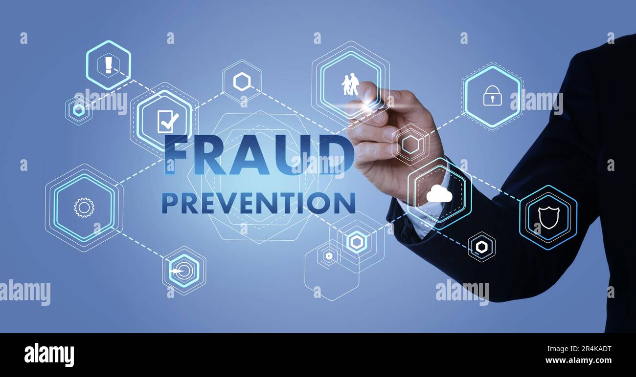 Fraud prevention. Man using digital screen, closeup. Scheme with icons ...
