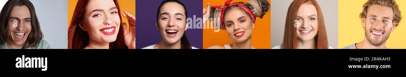 Collage with portraits of happy people on different color backgrounds ...