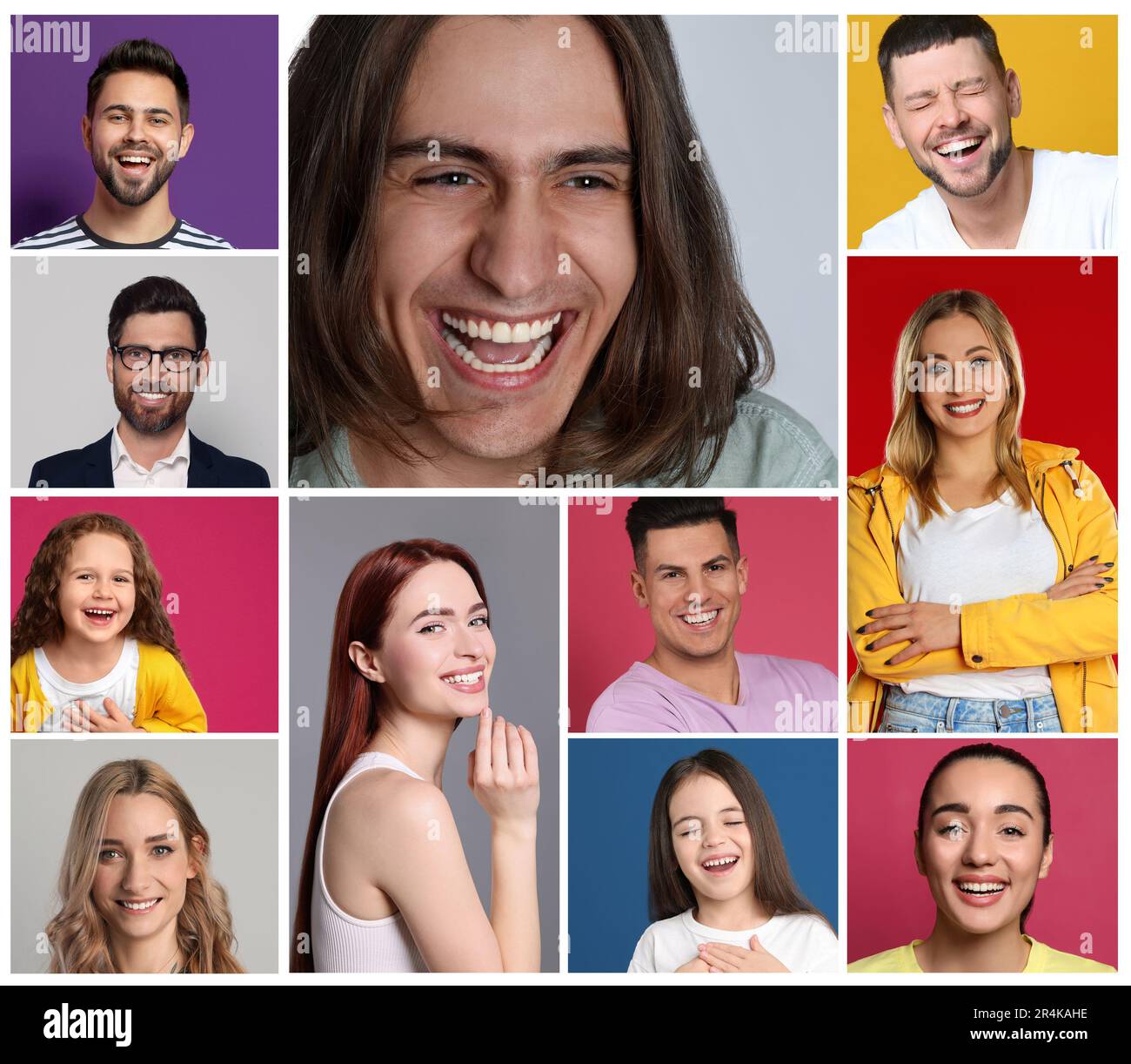 Collage with portraits of happy people on different color backgrounds Stock Photo - Alamy