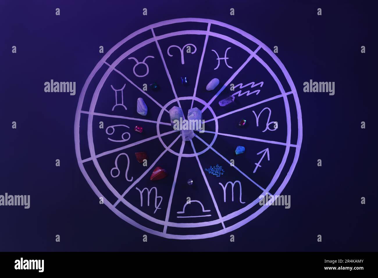 Natural stones for zodiac signs and drawn astrology chart on dark blue ...