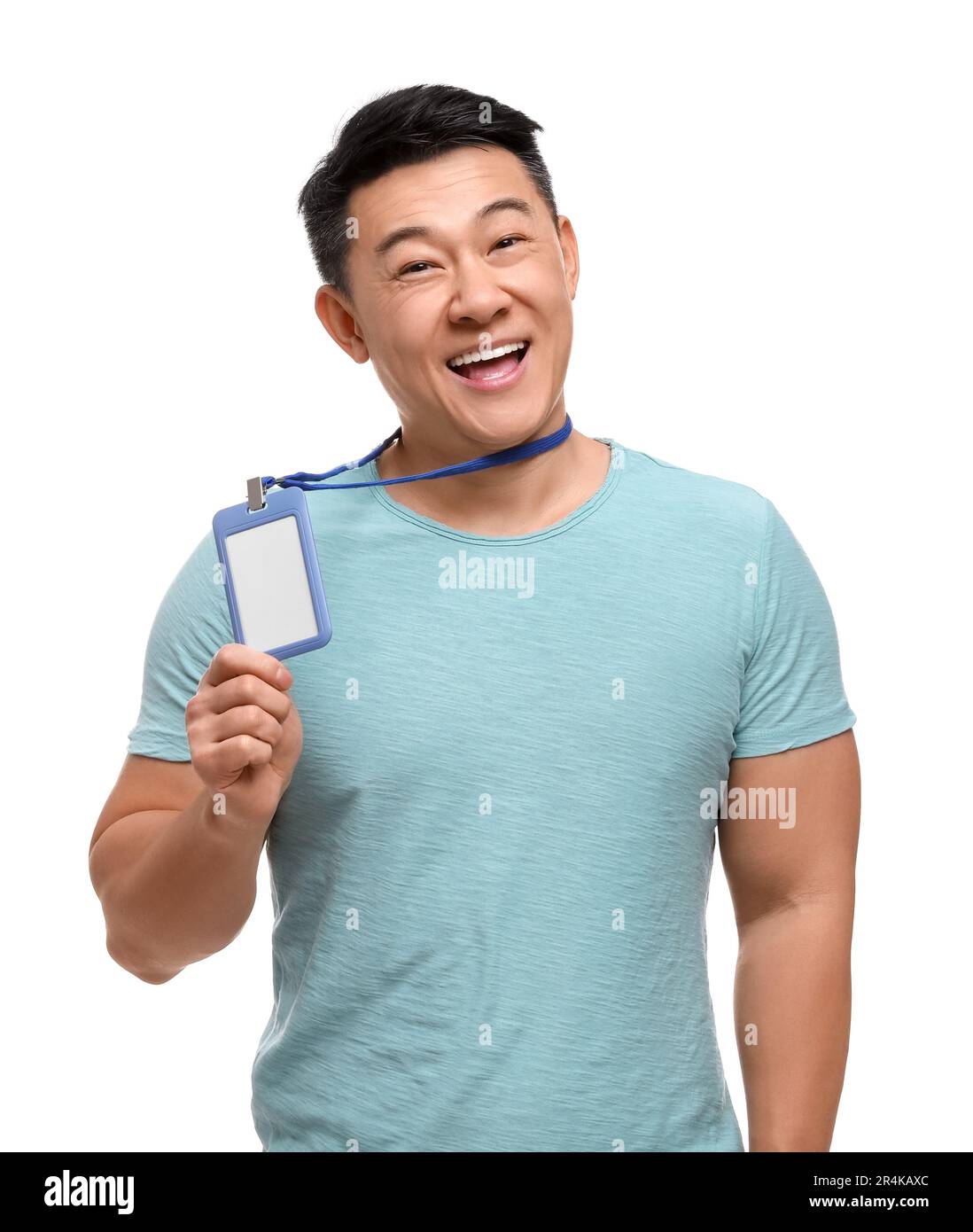 Happy asian man with vip pass badge on white background Stock Photo - Alamy