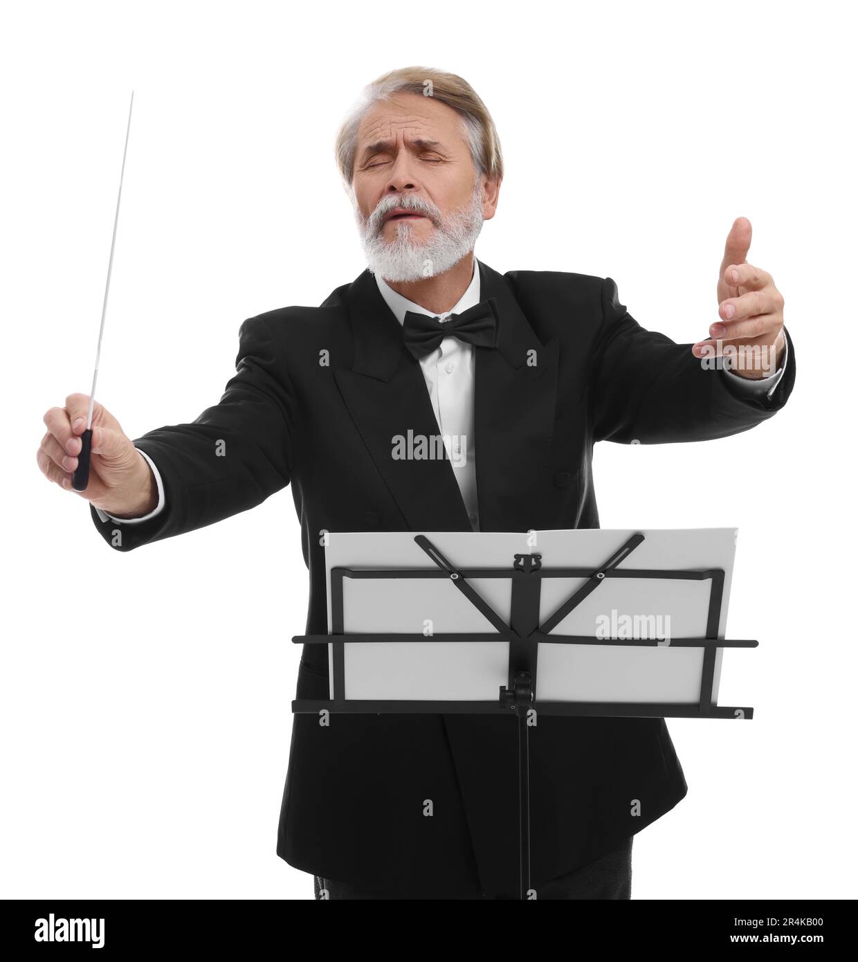 Professional conductor with baton and note stand on white background ...