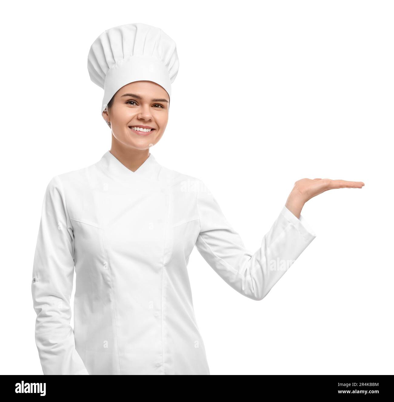 Happy female chef wearing uniform and cap on white background Stock ...
