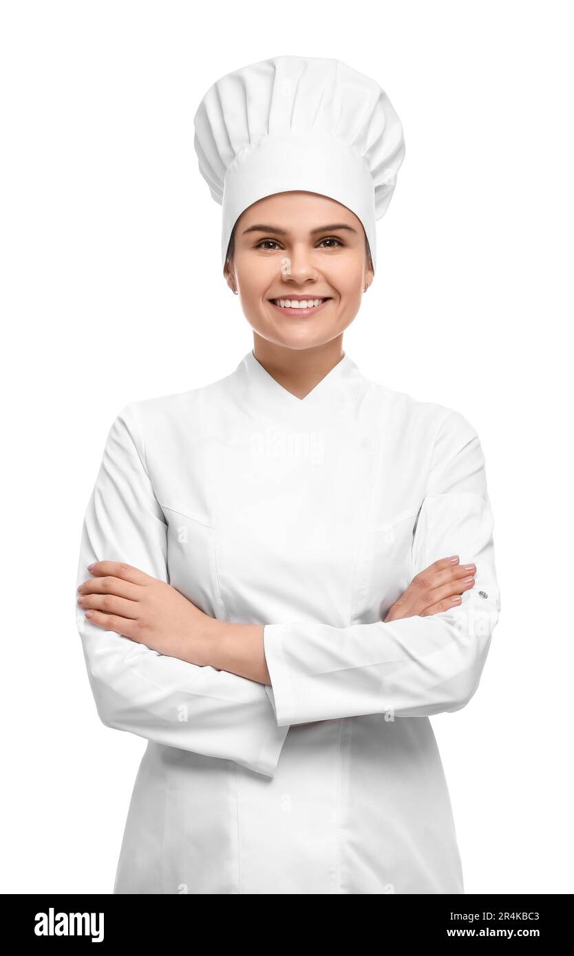 Happy female chef wearing uniform and cap on white background Stock ...