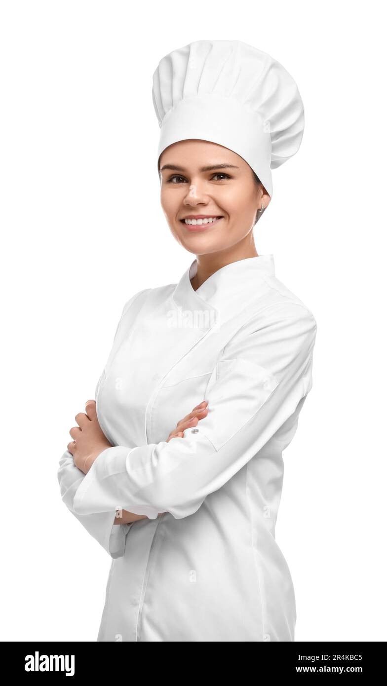 Happy female chef wearing uniform and cap on white background Stock ...