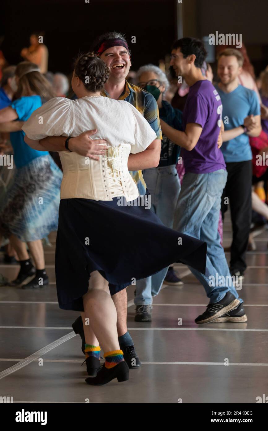 Seattle, Washington, USA. 28th May, 2023. Visitors enjoy a contra dance ...