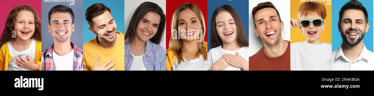 Collage with portraits of happy people on different color backgrounds ...