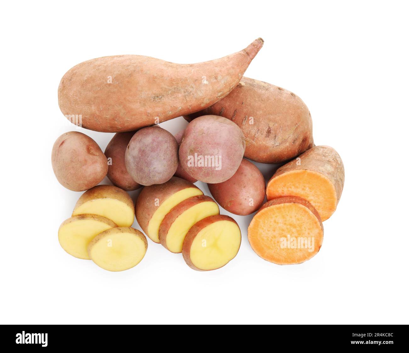 Different types of fresh potatoes on white background, top view Stock ...
