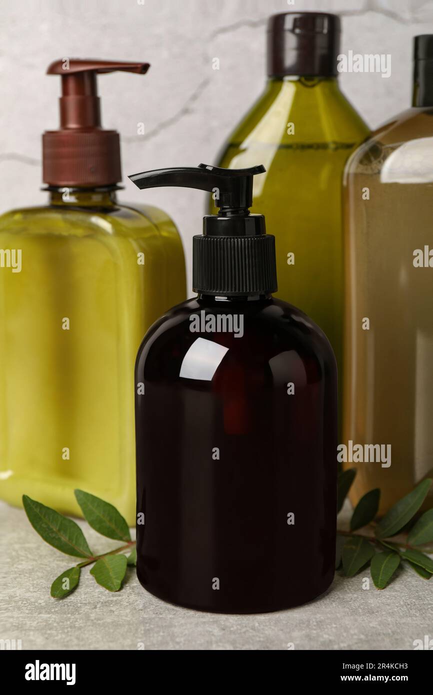 Shampoo bottles and leaves on light grey table Stock Photo - Alamy