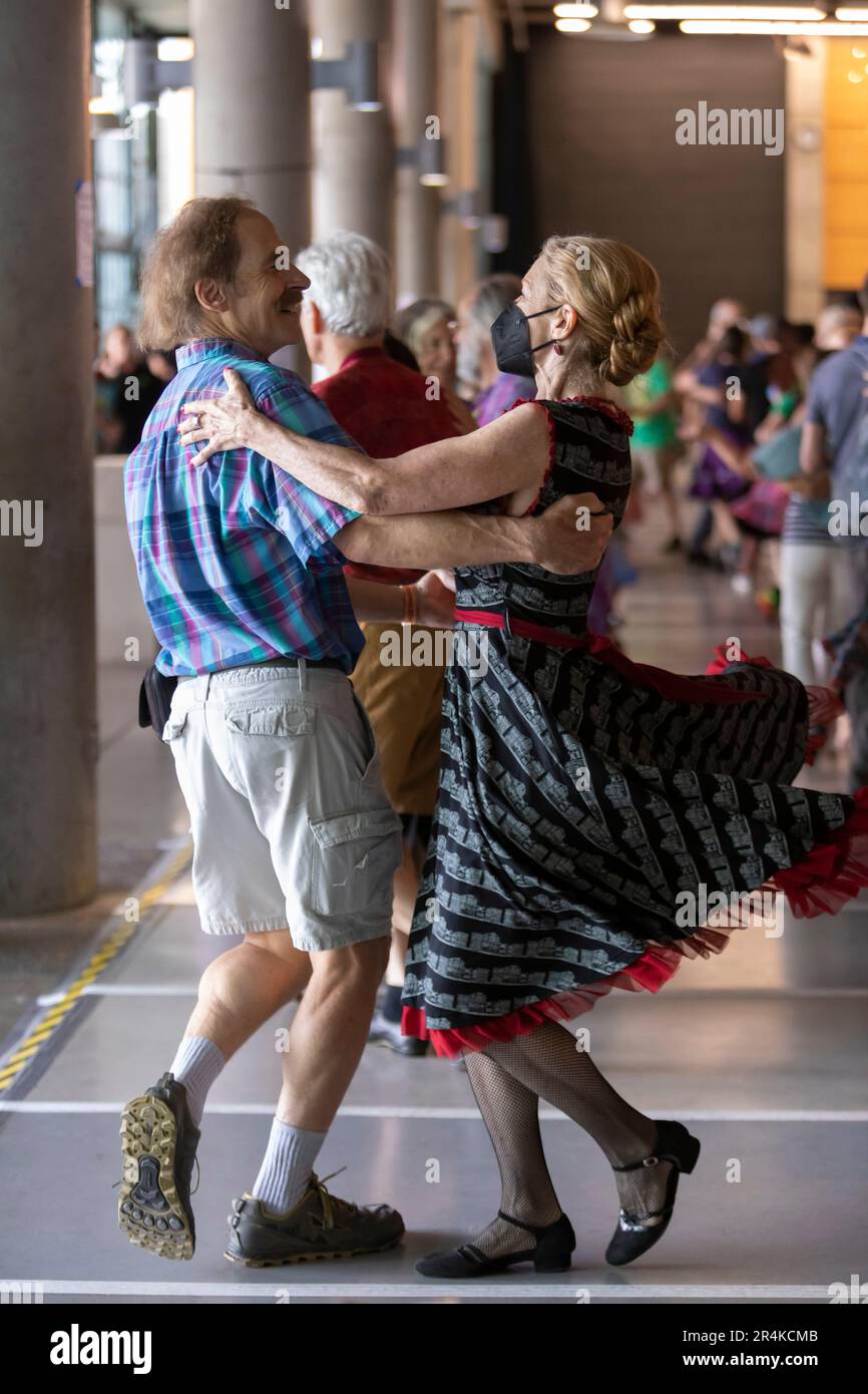Seattle, Washington, USA. 28th May, 2023. Visitors enjoy a contra dance ...