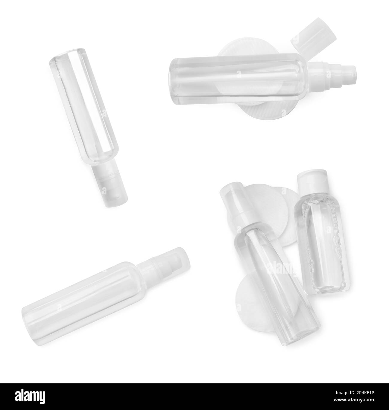 Set With Bottles Of Micellar Cleansing Water And Cotton Pads On White Background Top View Stock