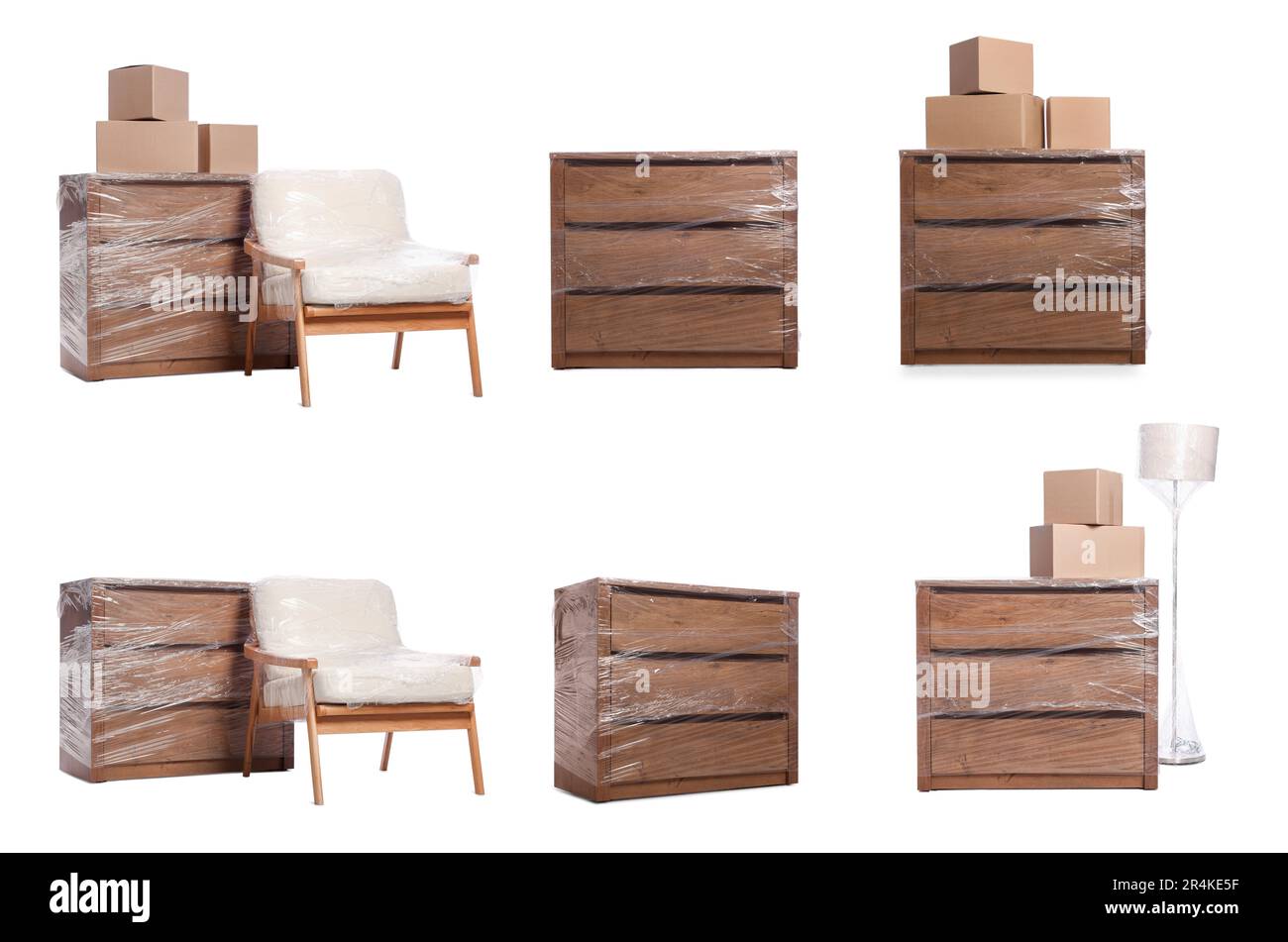 Furniture and lamp wrapped with stretch film and cardboard boxes on ...