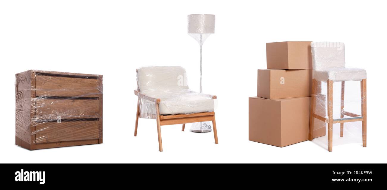 Furniture and lamp wrapped with stretch film and cardboard boxes on ...