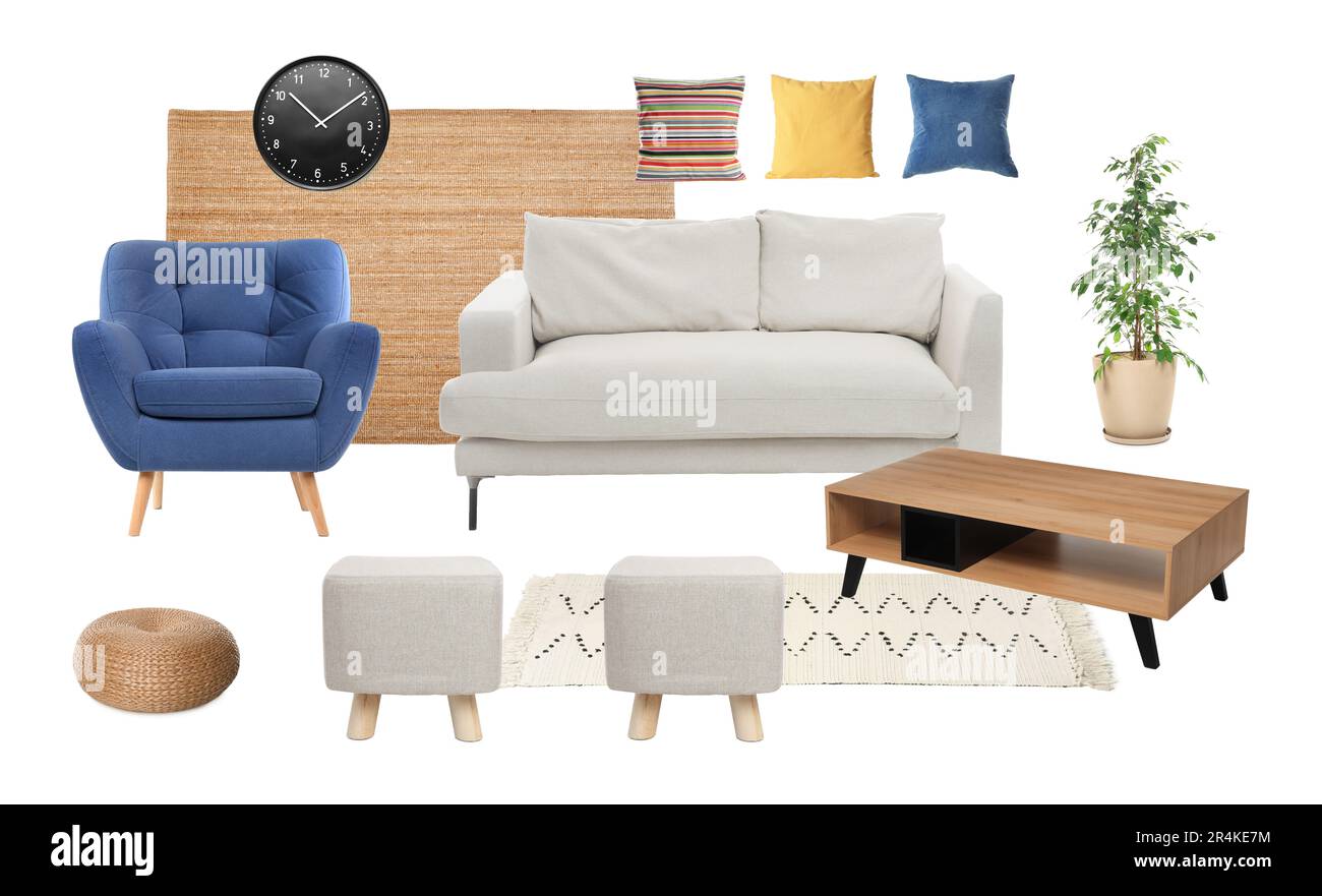 Stylish interior design. Different decorative elements and furniture on ...