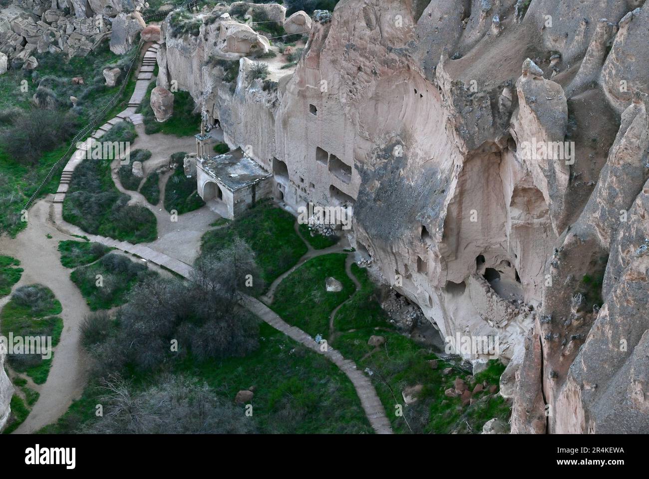 Aerial view of the Zelve Valley Open Air Museum, Capadoccia, Turkey ...