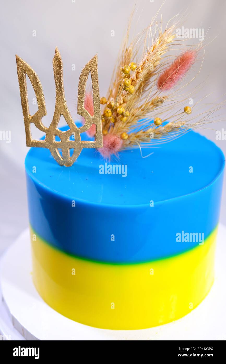 cake in form of Ukrainian flag yellow and blue layer process of making ...