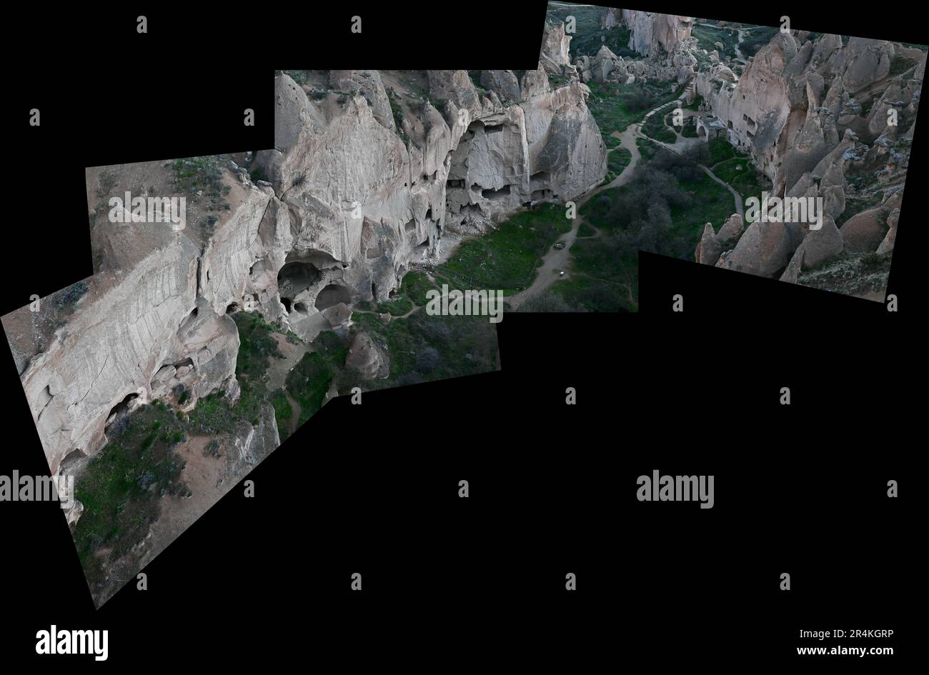 Aerial composite panorama view of the Zelve Valley Open Air Museum ...