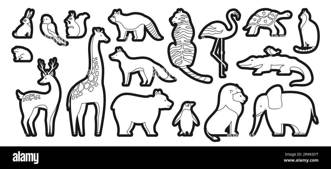 Animal cute linear sticker set for scrapbook stamp. Hare and parrot ...