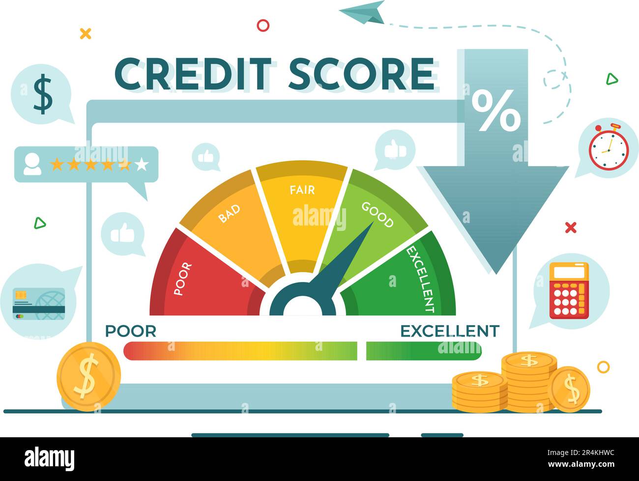 Credit Score Vector Illustration with Loan Arrow Gauge Speedometer ...
