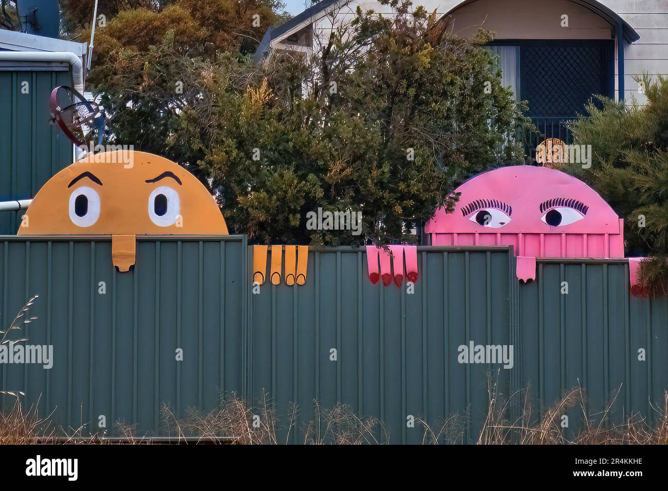 Funny male and female faces with big eyes looking out over a fence ...