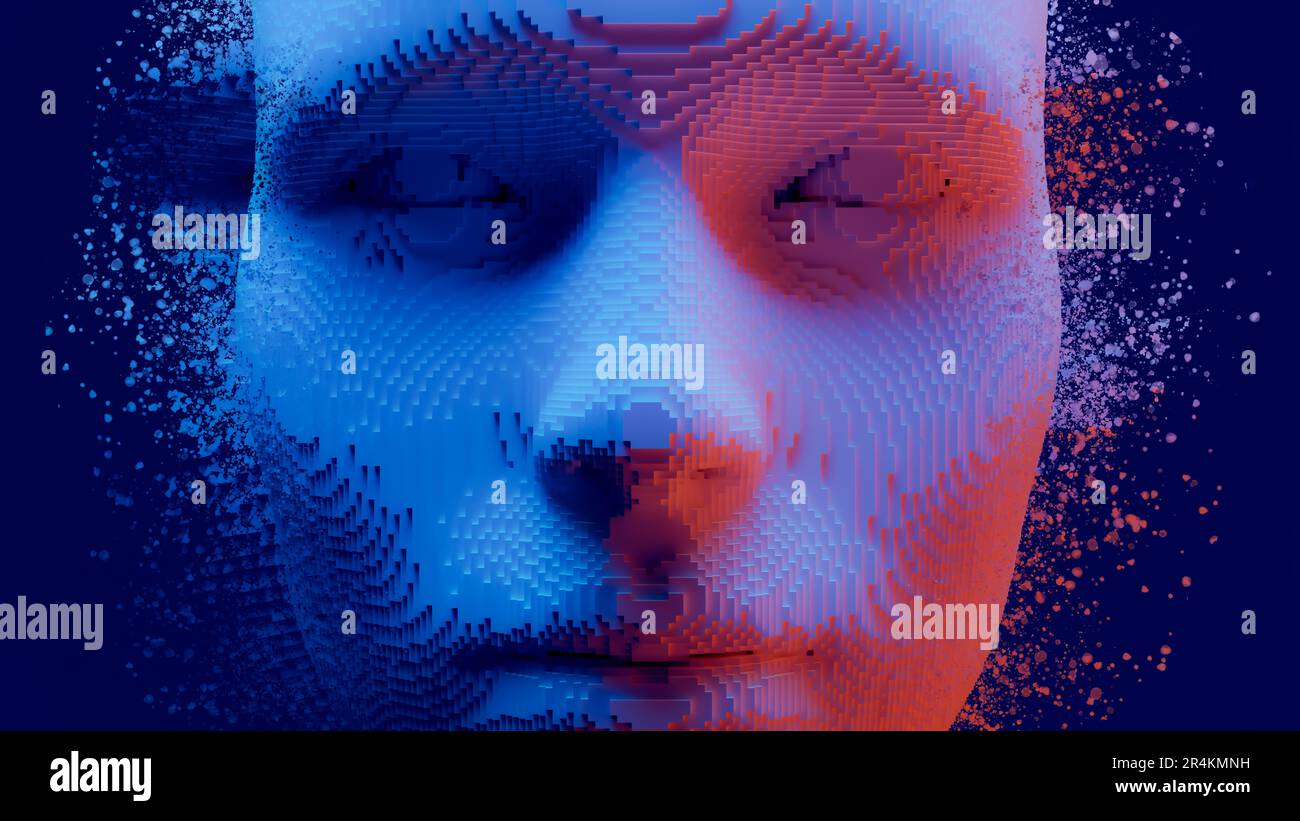 Concept of an AI wearing a digitized human face expressing the ...