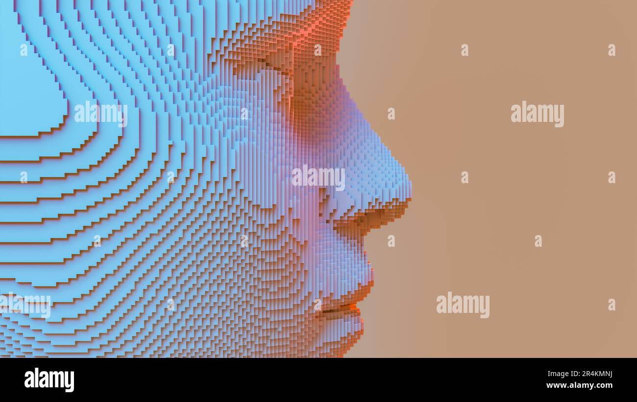 Concept image of an AI wearing a digitized human face. 3d rendering ...