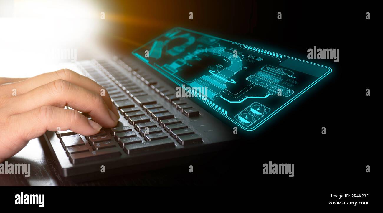 Human hand using computer with futuristic industry hologram screen on ...