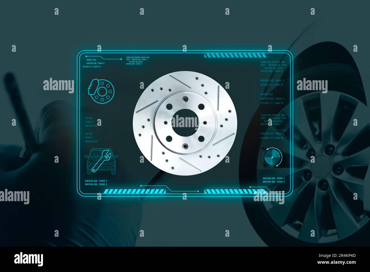 Car metal disc brake on futuristic display screen with a vehicle and ...