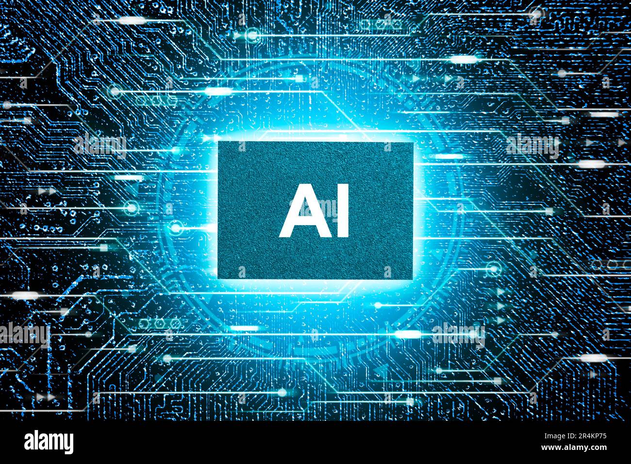 AI artificial intelligence concept, Close up of microprocessor glowing on mainboard electronic ...