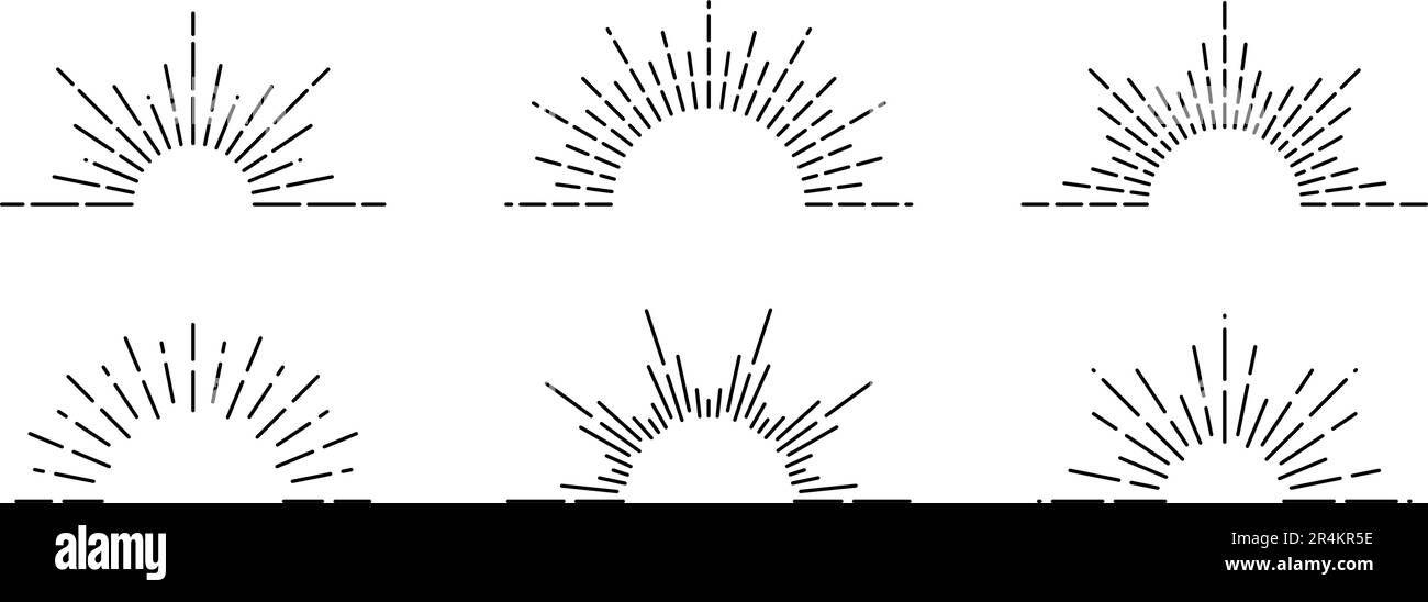 Half sunburst frame set. Linear sunrise and sunset symbols collection ...