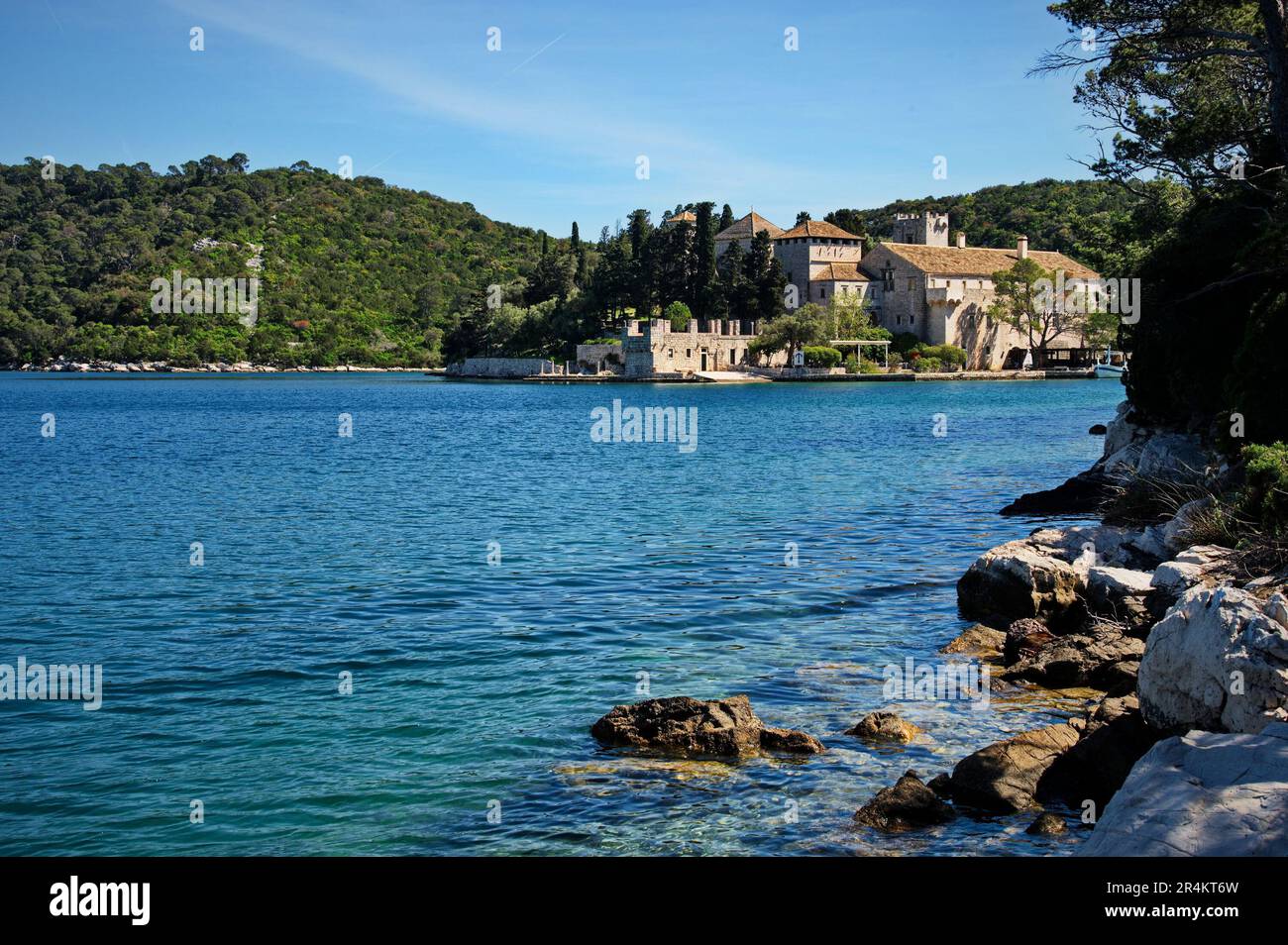 An islet with a medieval monastery on the island of Mljet in Croatia ...