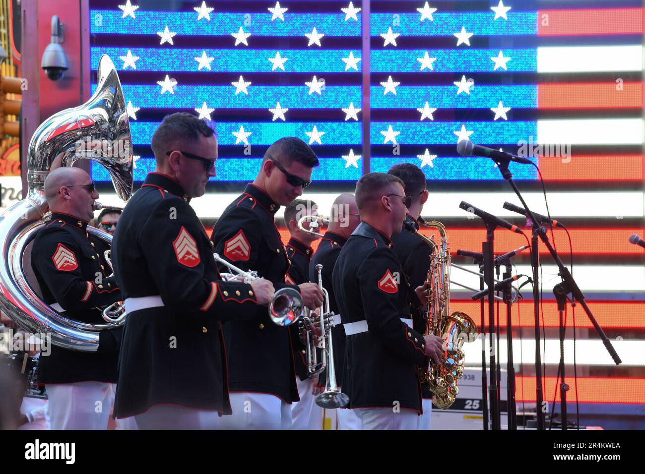 New York, USA. 28th May, 2023. The USMC band performs in Times Square ...