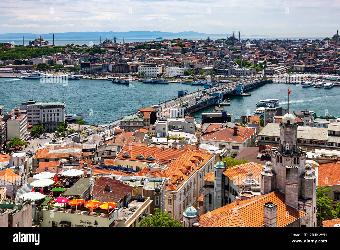 Distant view of Sultanahmet area and Golden horn, Galata bridge, from ...
