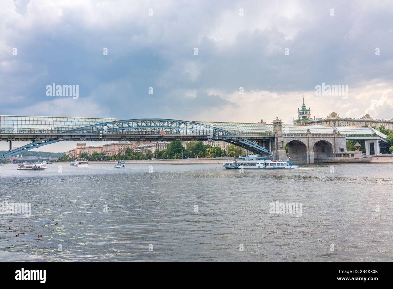 View of the Moscow river embakment, Pushkinsky bridge and cruise ships ...