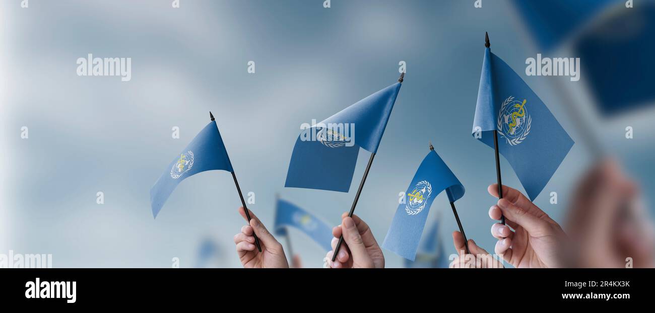 A group of people holding small flags of the World Health Organization ...