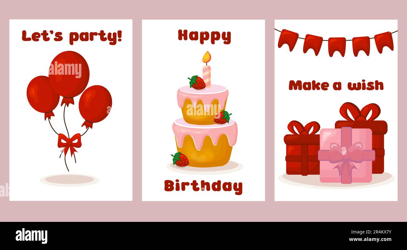 Set of birthday cards. Postcards collection with balloons, gifts, cake ...