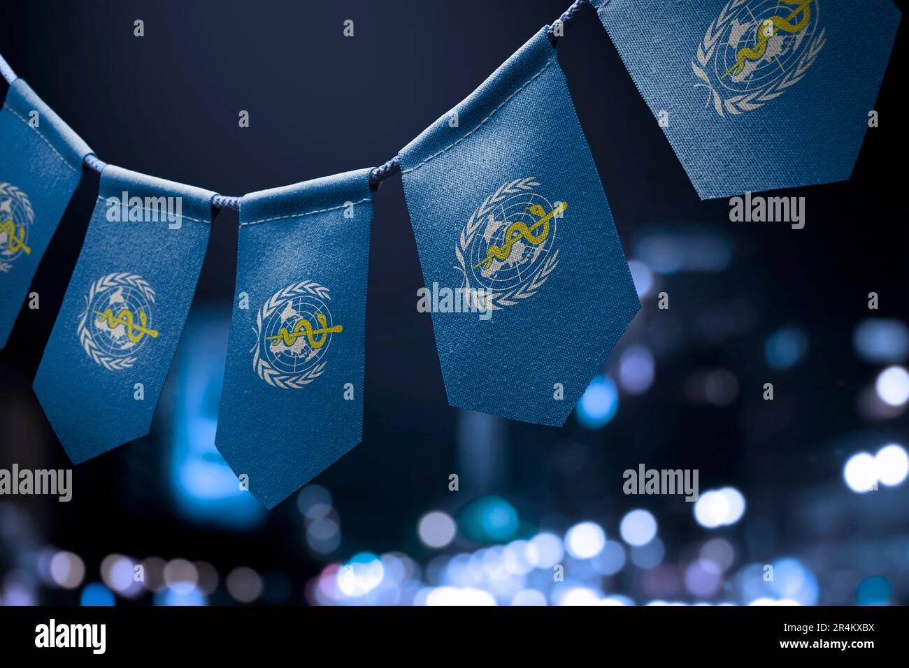 A garland of World Health Organization WHO national flags on an ...