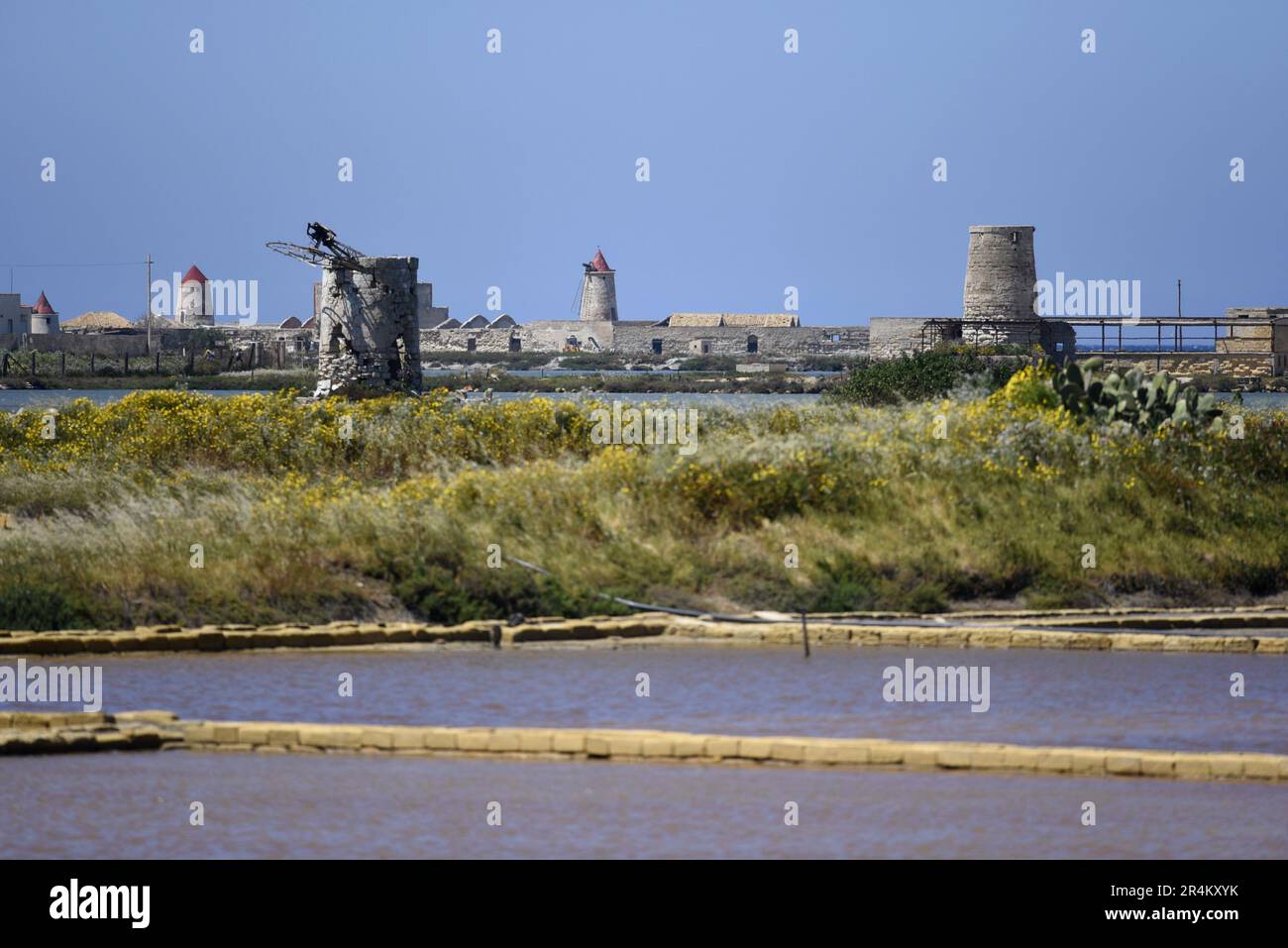 Landscape with panoramic view of Galia Canino a traditional salt pan in ...