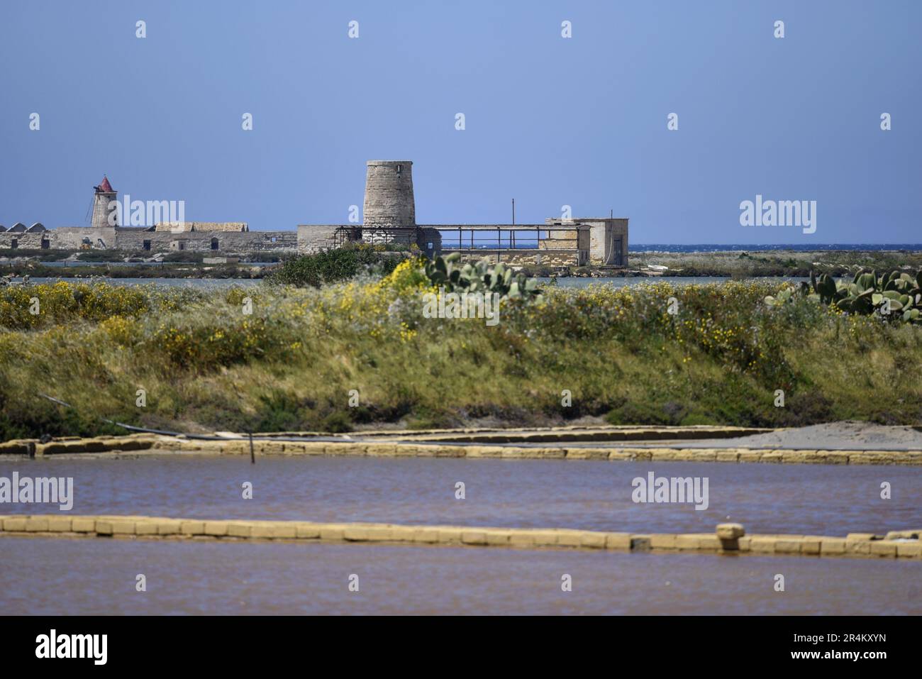 Landscape with panoramic view of Galia Canino a traditional salt pan in ...