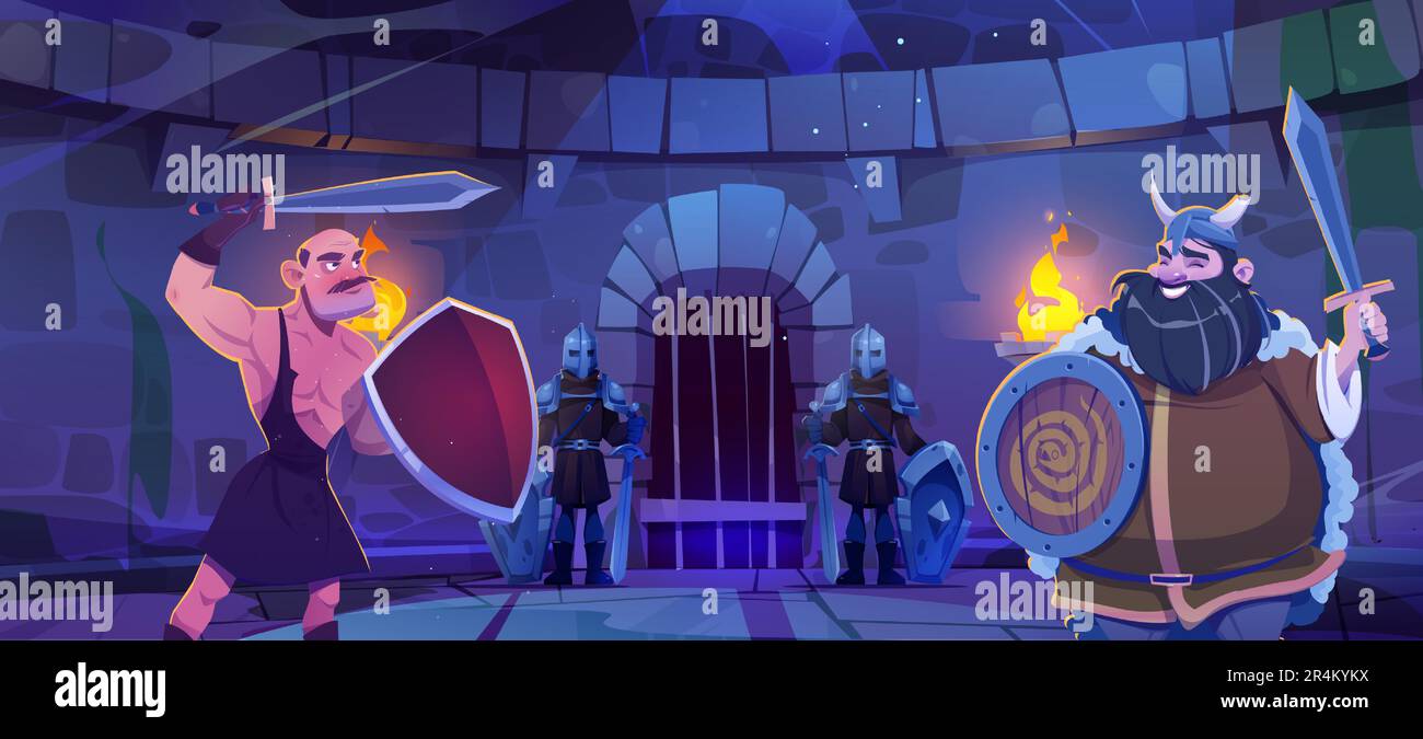 Man and viking battle in medieval castle dungeon near prison cell and ...