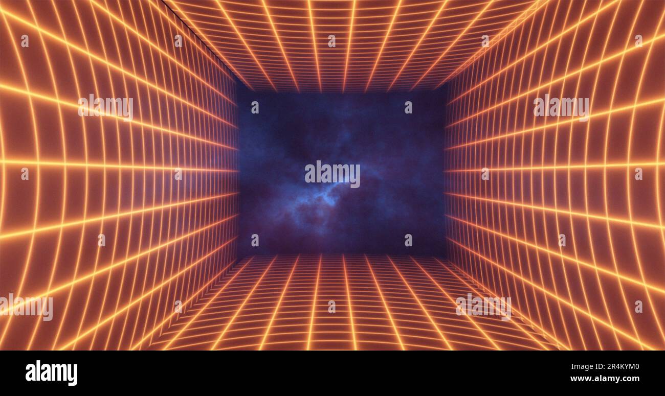 Abstract orange yellow energy grid swirling tunnel of lines in the top ...