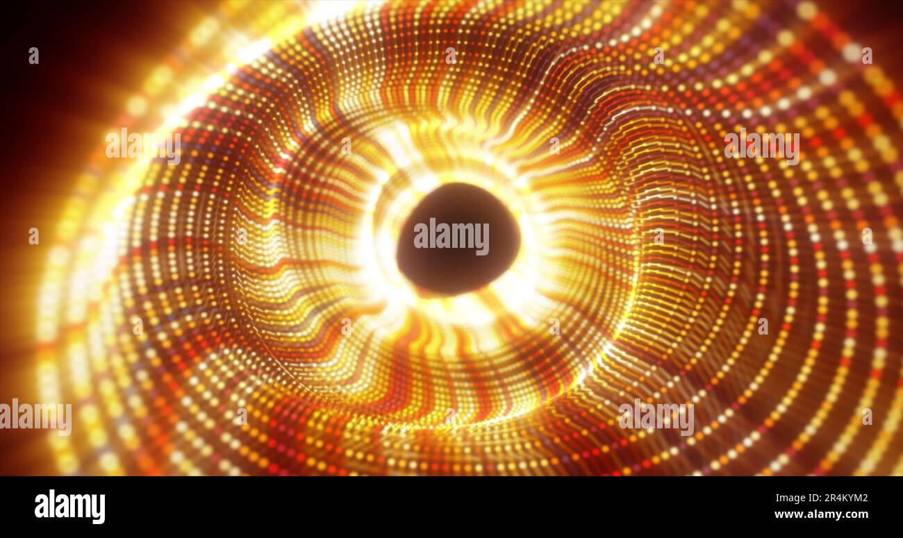 Abstract yellow energy tunnel made of particles and a grid of high-tech ...