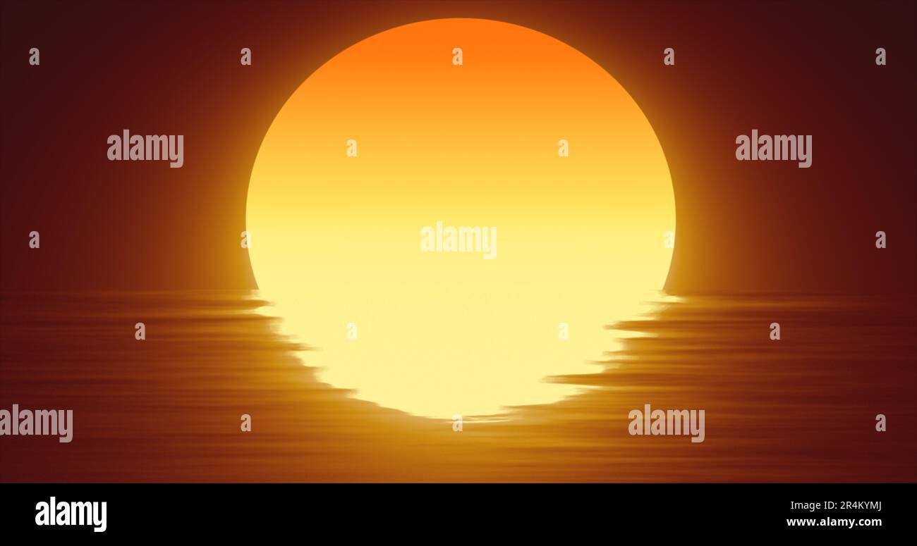Abstract orange sun over water and horizon with reflections background ...