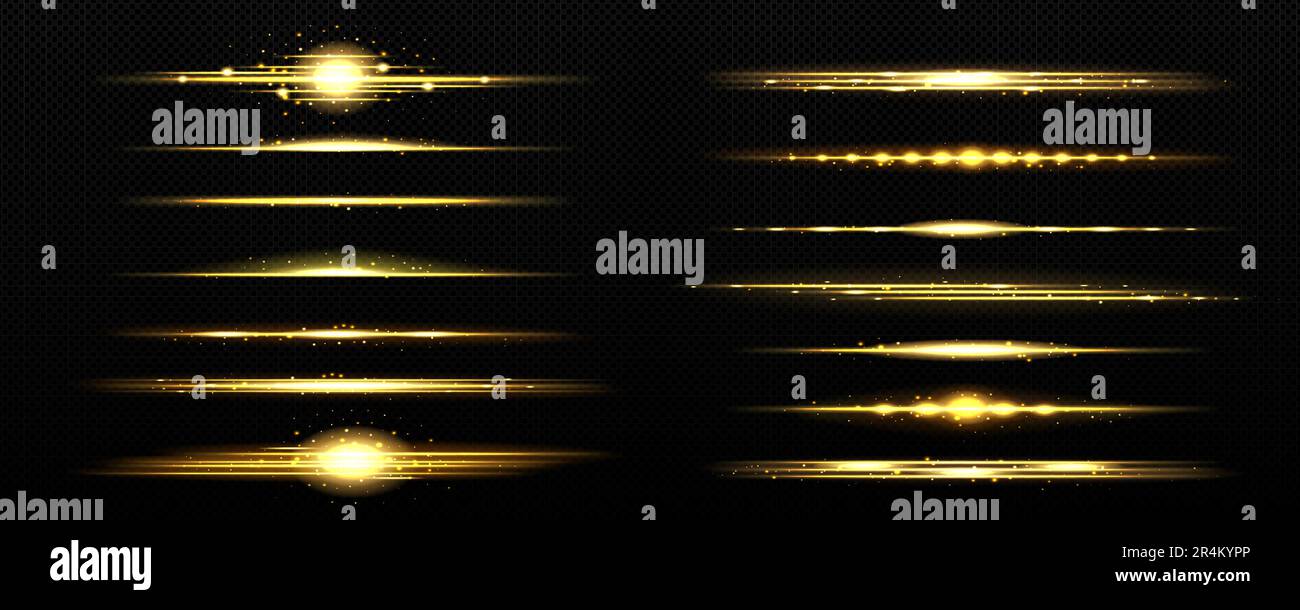 Realistic set of golden light lines isolated on transparent background. Vector illustration of ...