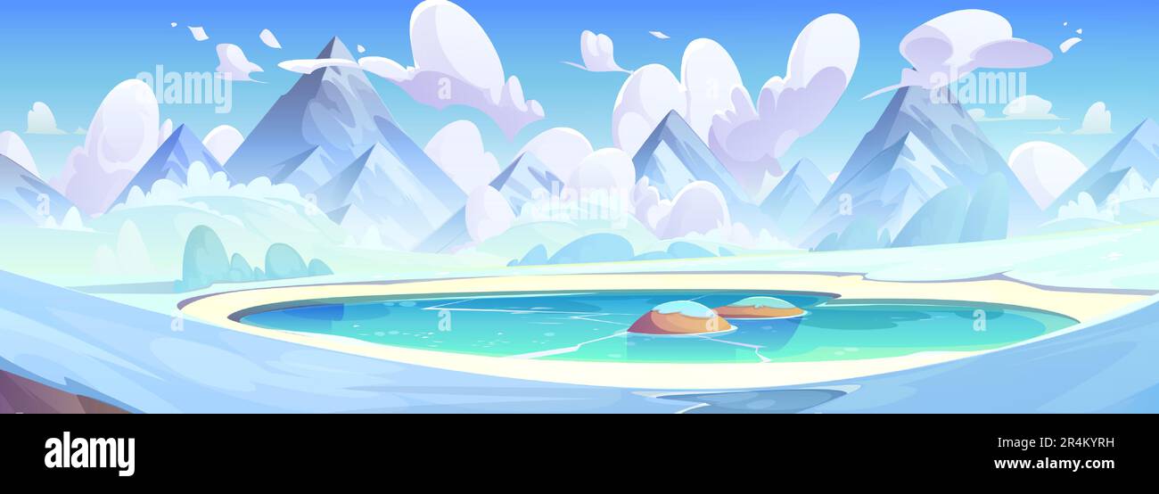 Winter mountain landscape with frozen lake. Vector cartoon illustration ...