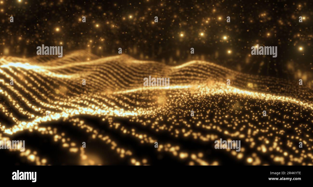 Abstract yellow wave lines from particles and dots of energetic magic ...