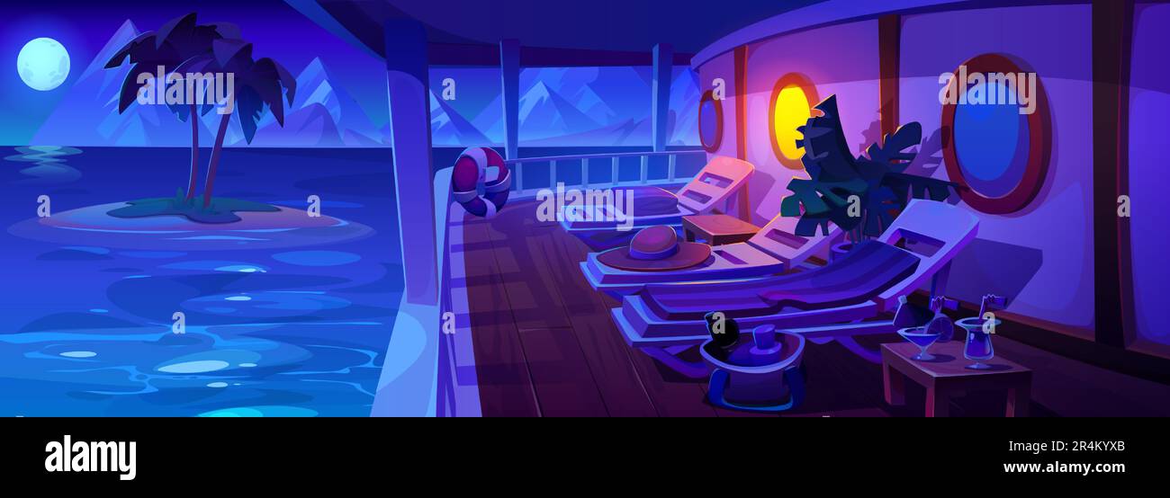 Cruise ship with night sea, mountains, tropical island view. Vector ...