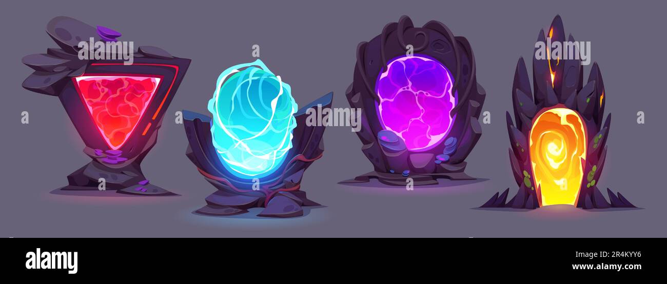 Magic gate portal door ui futuristic game cartoon set. Red and blue ...