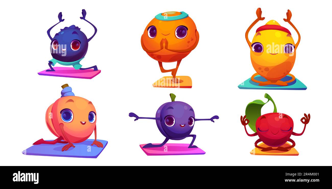 Cartoon set of kawaii fruit exercising isolated on white background ...