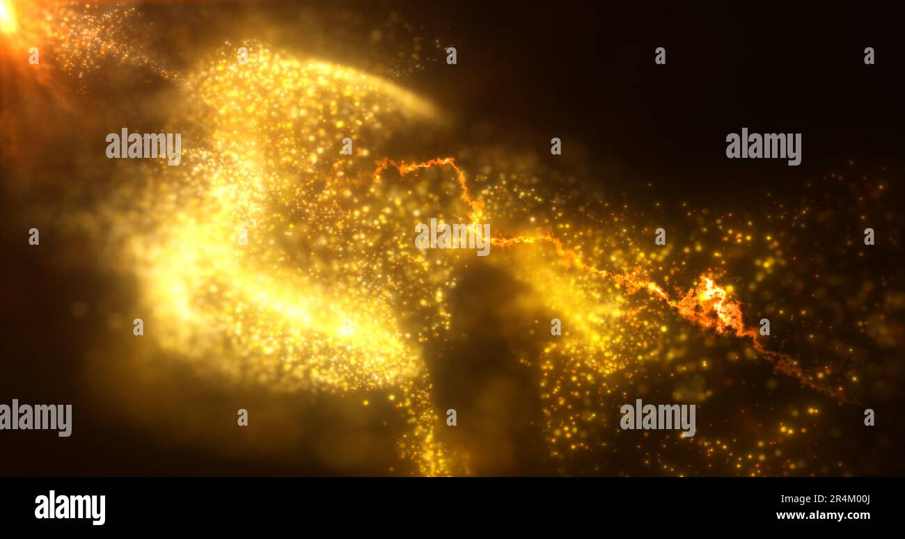 Abstract background of orange yellow fiery flying energy particles of ...